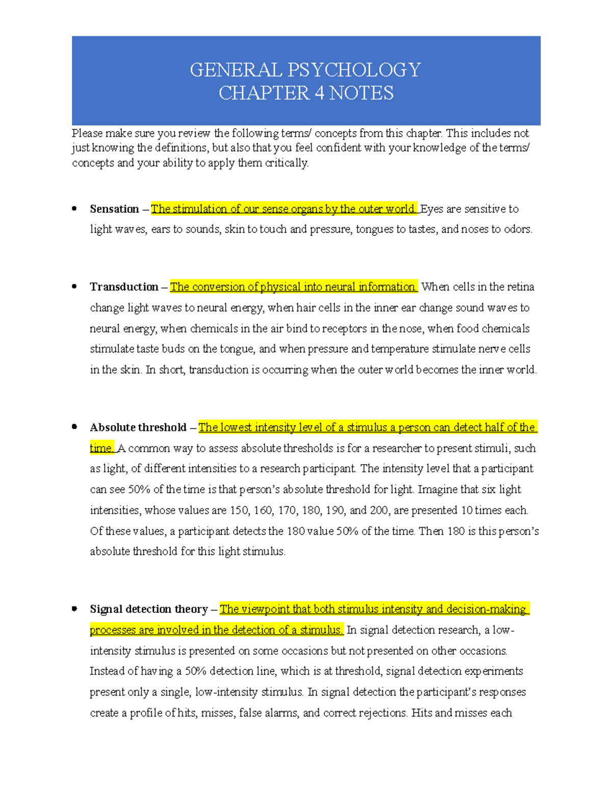 Chapter 4 Notes - Shawn Fox, Psychology perspectives and connections ...