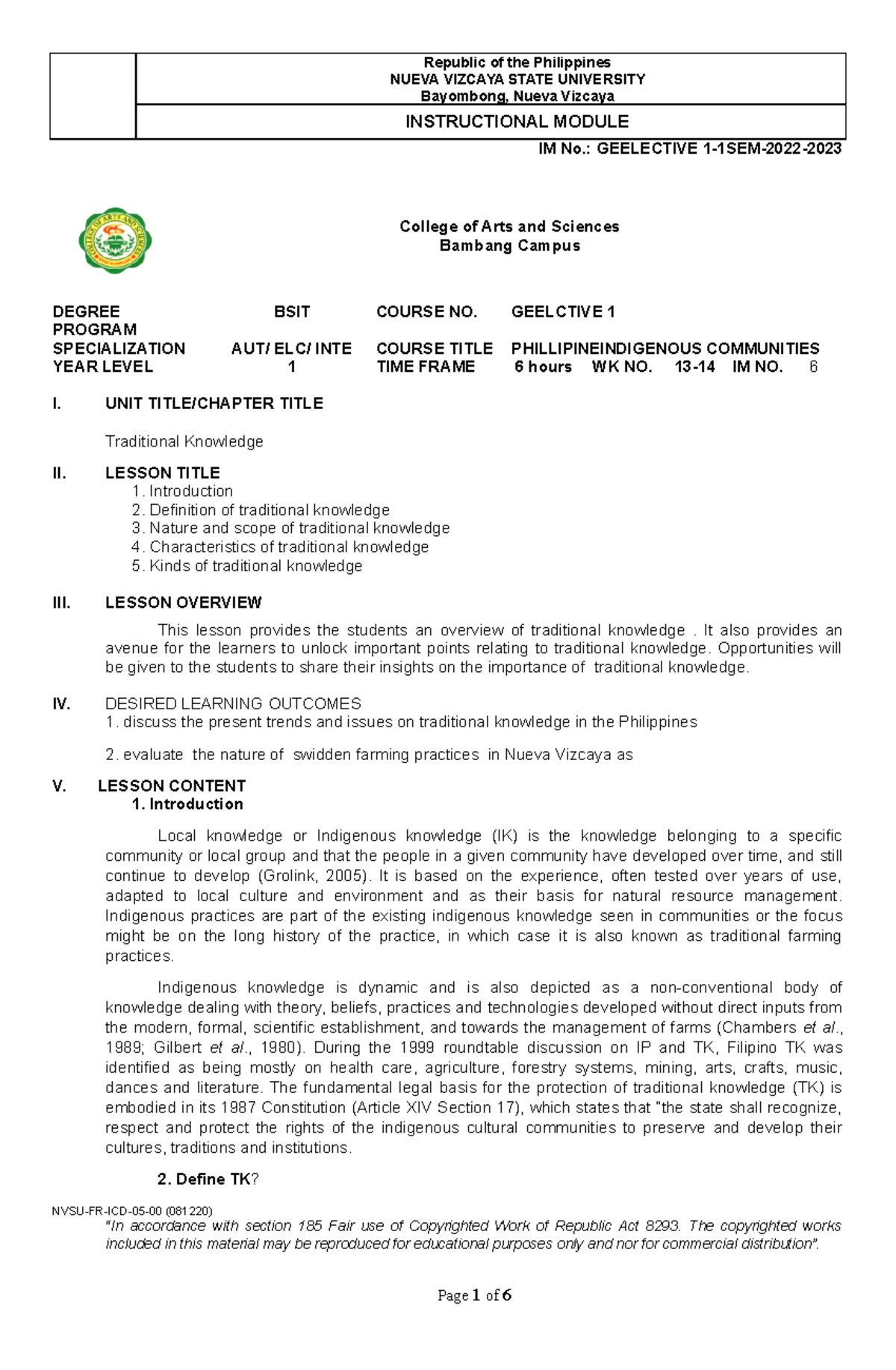 PIC-M-6 - Module - NUEVA VIZCAYA STATE UNIVERSITY Bayombong, Nueva ...