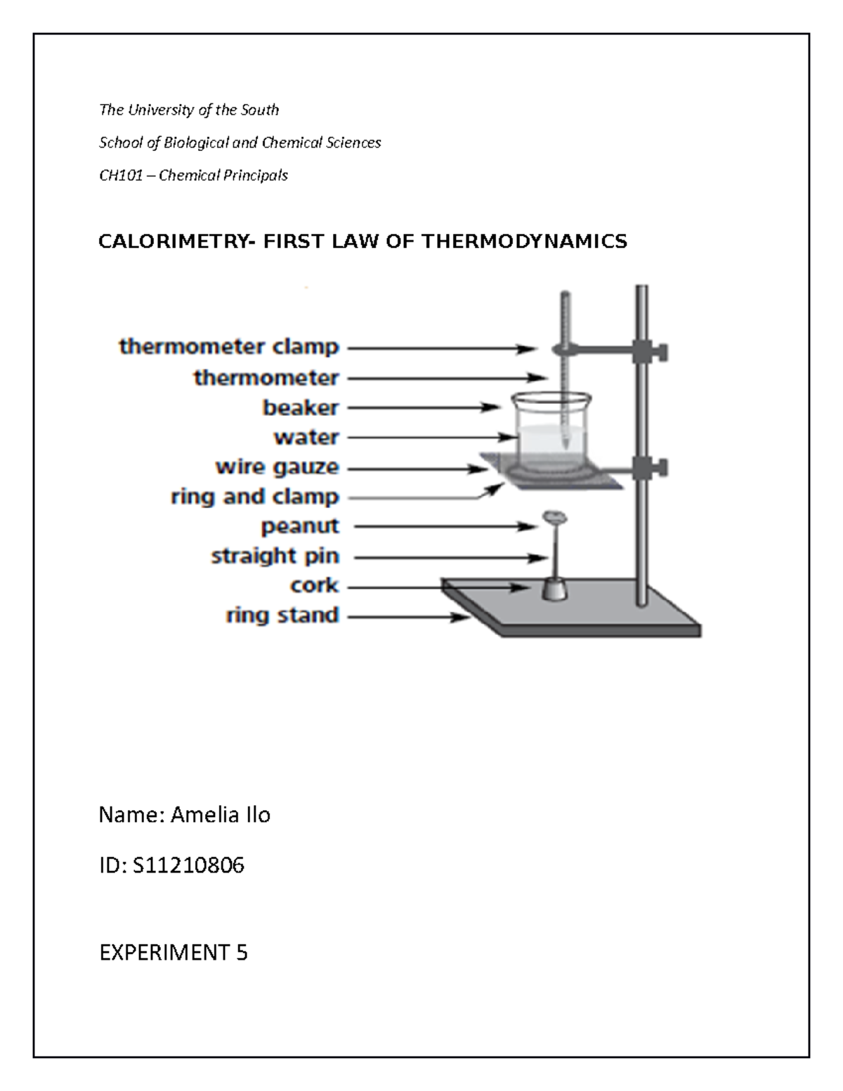 CH101 LAB Report 5 - Experiment 5 - The University of the South School of Biological and ...