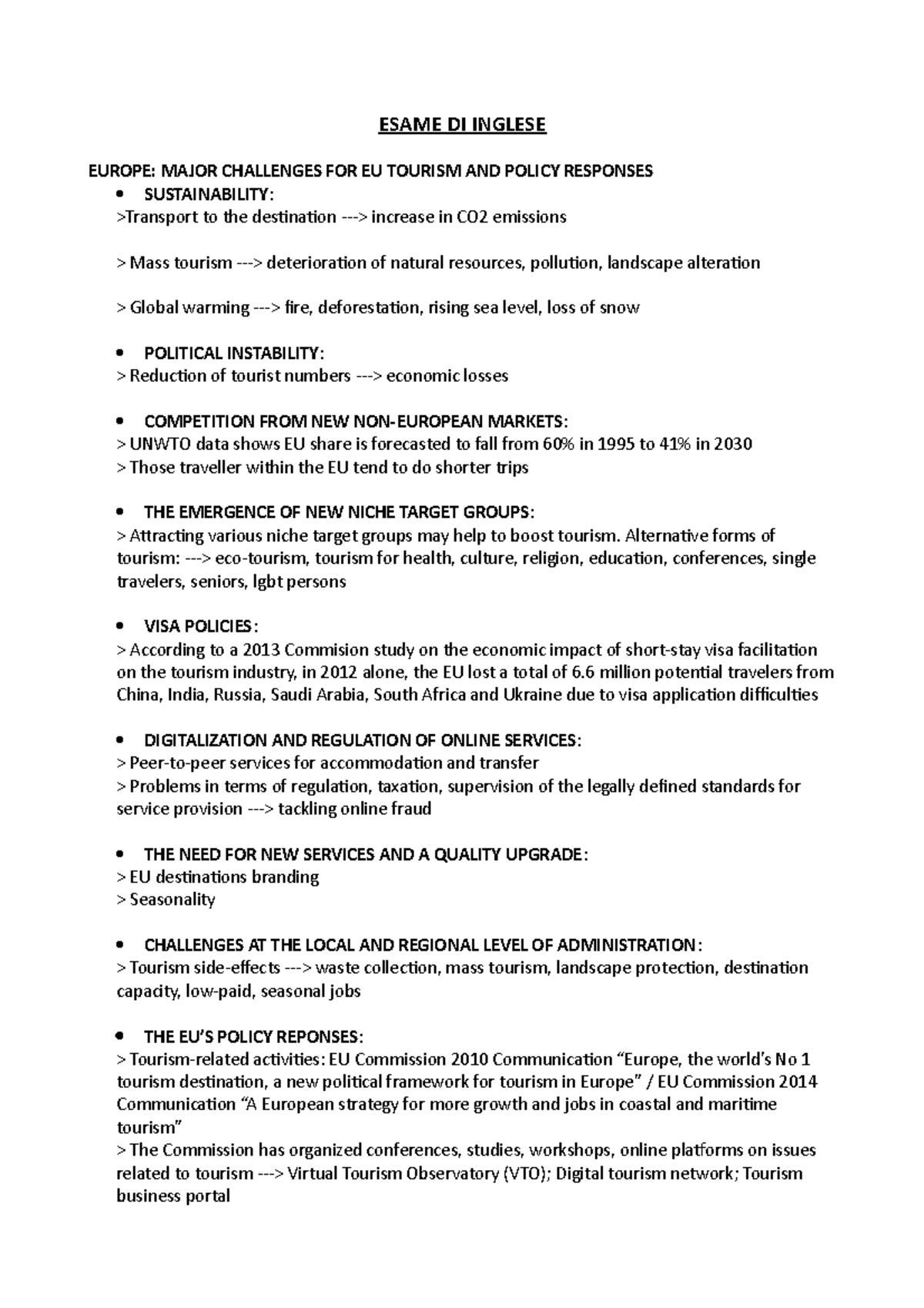 ENGLISH FOR TOURISM Summary ESAME DI INGLESE EUROPE MAJOR