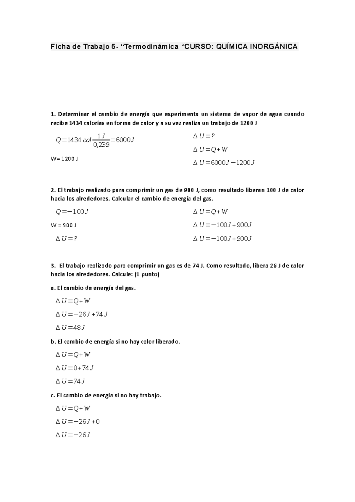 Ficha de Trabajo 5 termodinámica Química Inorgánica - Ficha de Trabajo ...