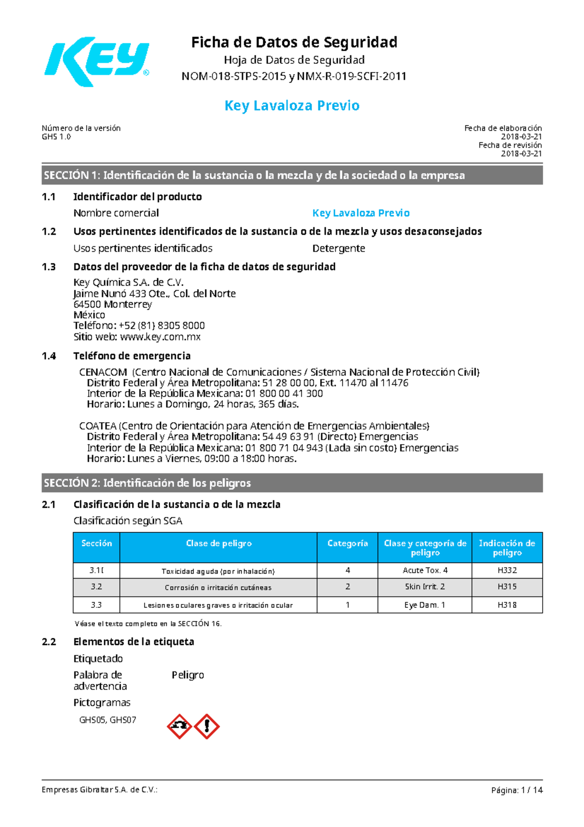 Key lavaloza previo ficha - SECCIÓN 1: Identificación de la sustancia o ...