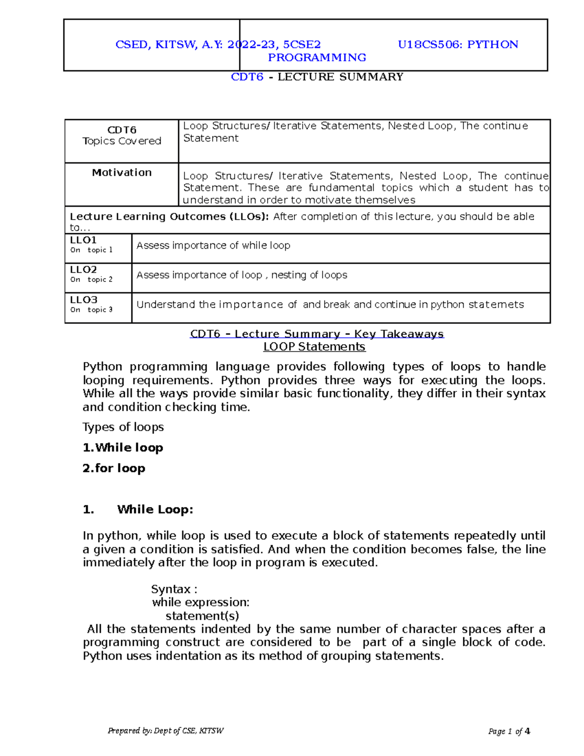 PP CDT6 - Zjzjsjaj - PROGRAMMING CDT6 - LECTURE SUMMARY CDT Topics Covered Loop Structures ...