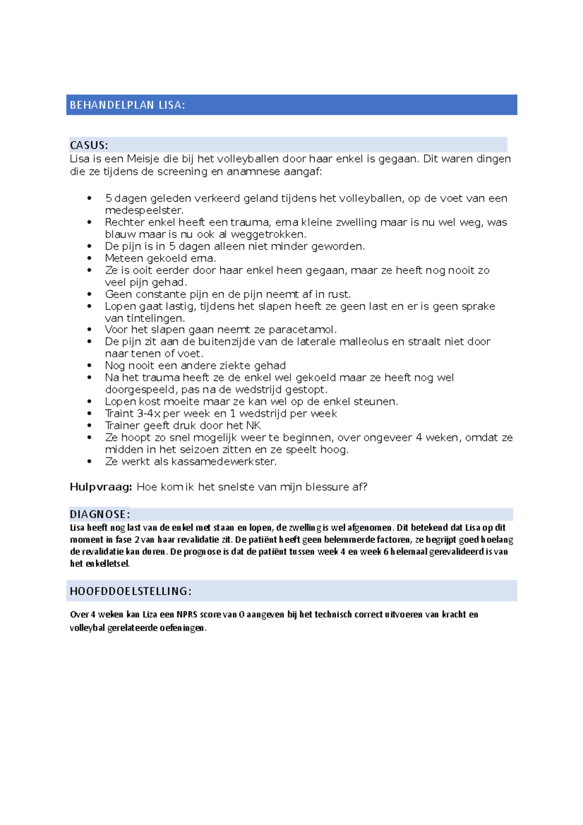 Behandelplan casus Lisa - BEHANDELPLAN LISA: - Studeersnel