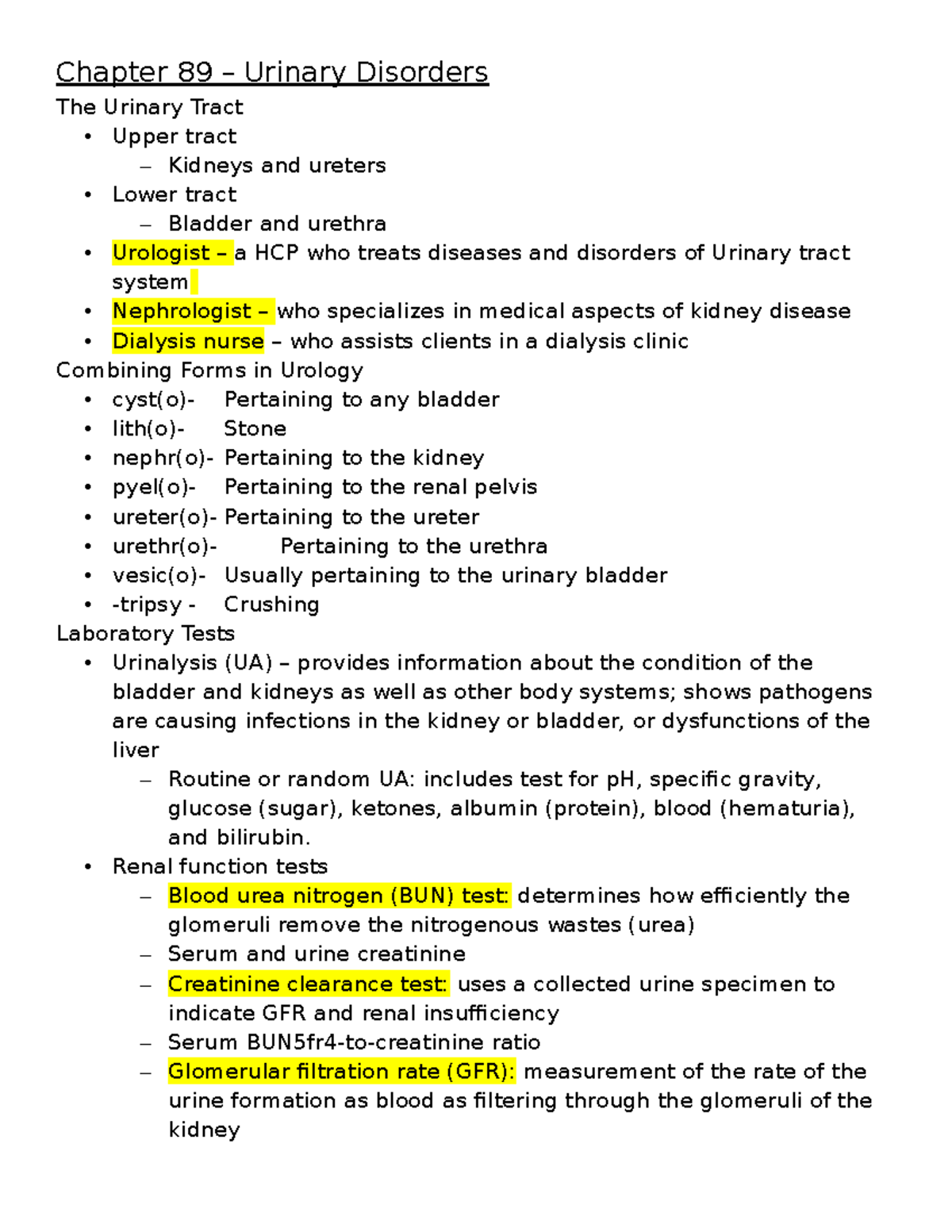 Chapter 89 - For Exam 2 - Chapter 89 – Urinary Disorders The Urinary ...