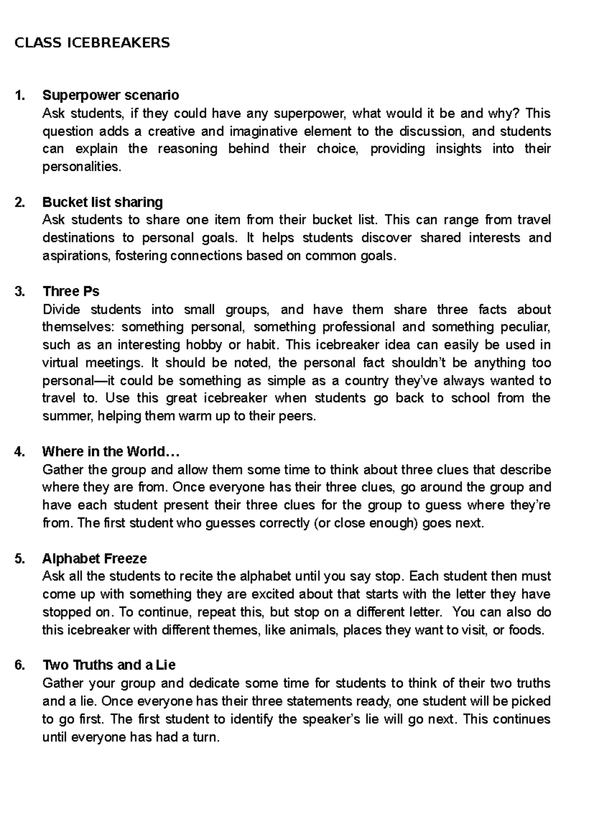 Class Icebreakers - CLASS ICEBREAKERS Superpower scenario Ask students ...