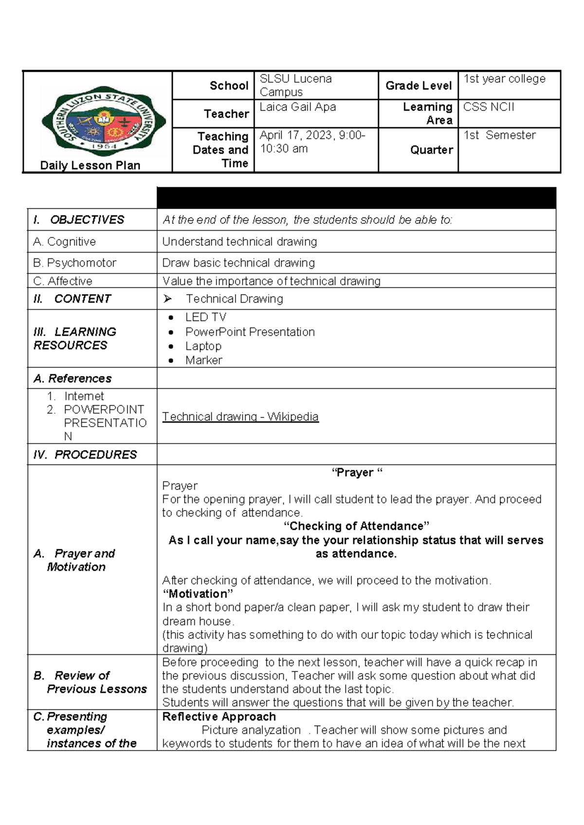 LP(tech-drawing) - FOR SVHOOL - Daily Lesson Plan School SLSU Lucena ...