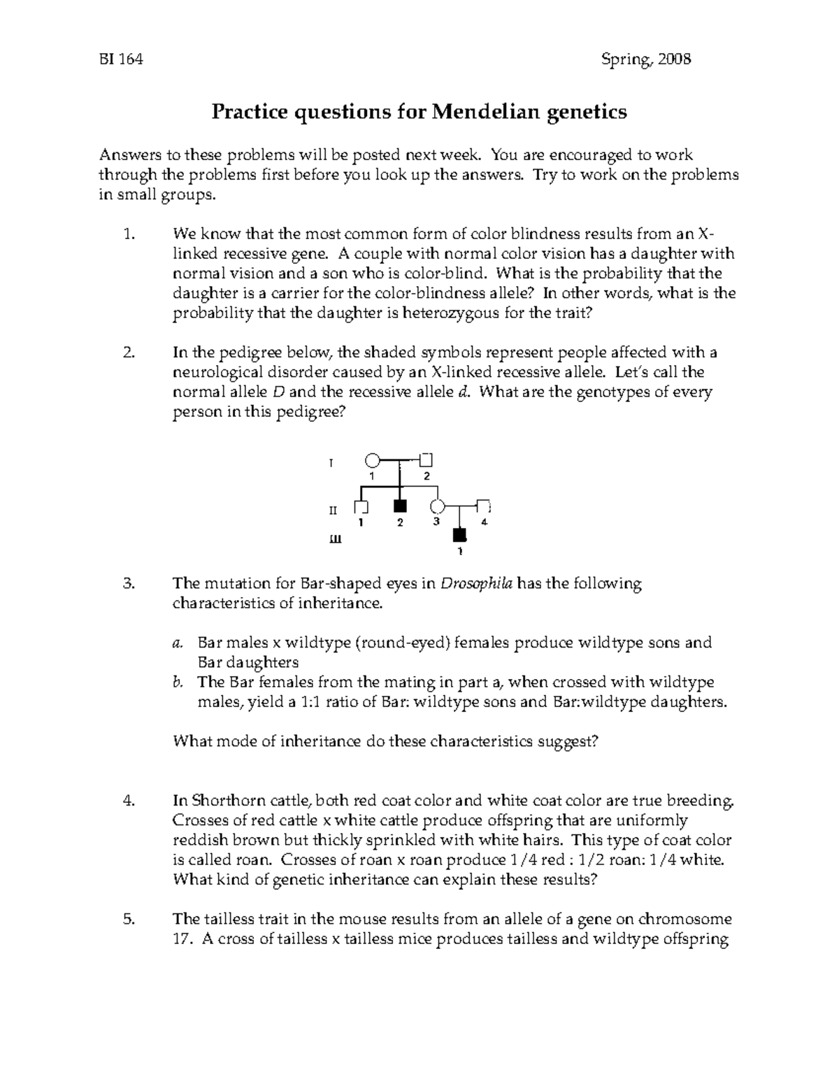 Geneticsprobs 1 - BI 164 Spring, 2008 Practice questions for Mendelian ...