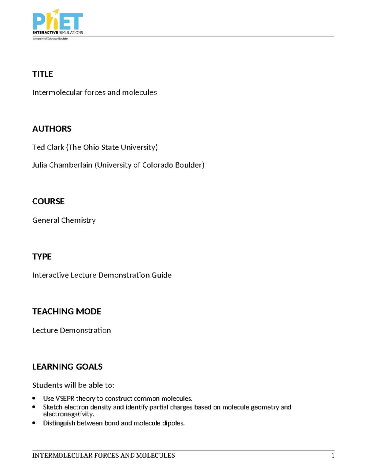 Intermolecular forces and molecules-Lecture Demo Guide - TITLE ...