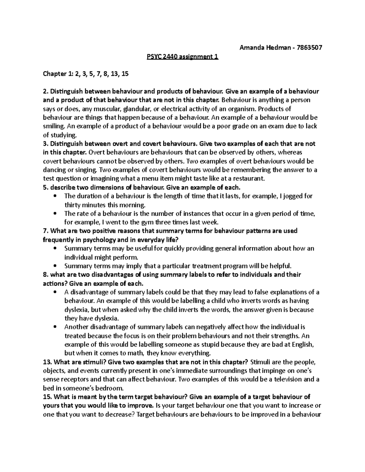 PSYC 2440 assignment 1 - Psych 2440 - Amanda Hedman - 7863507 PSYC 2440 assignment 1 Chapter 1: ...