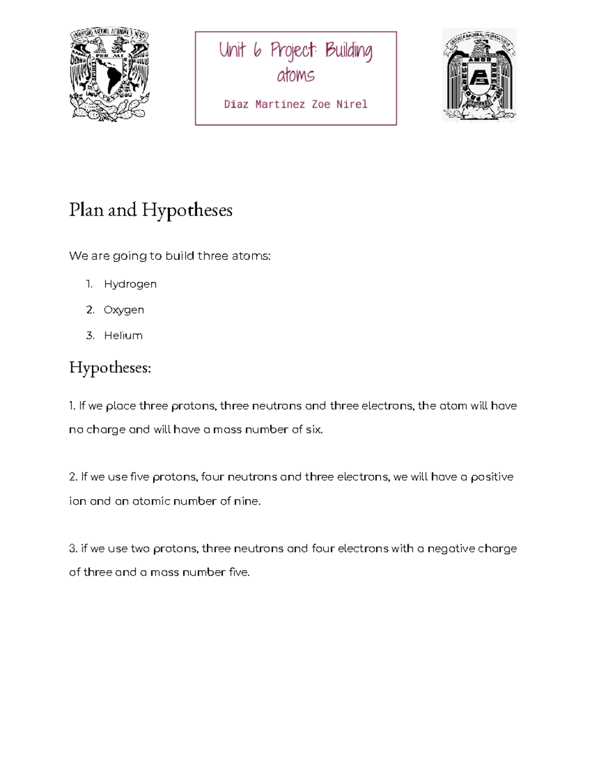 Unit 6 Project Building atoms Diaz Martinez 462 - Plan and Hypotheses ...