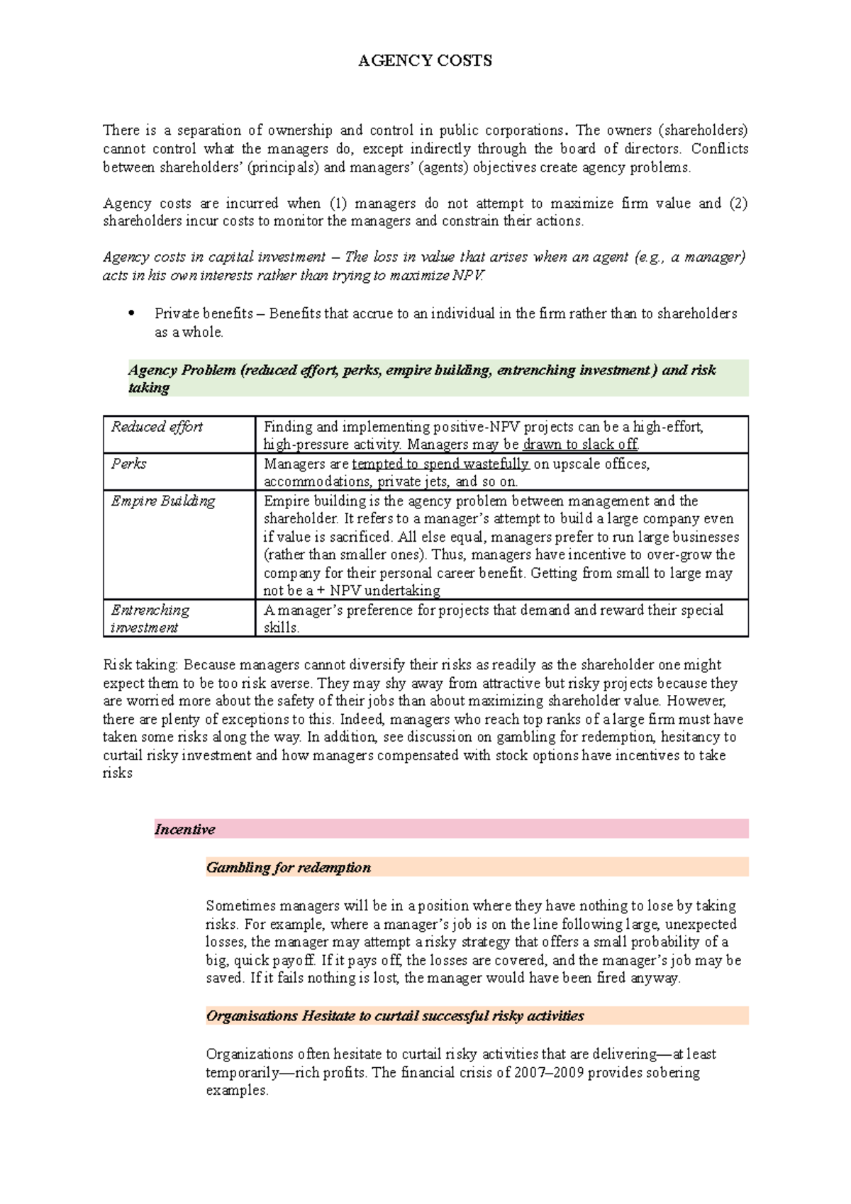 Agency Problem Topic - There is a separation of ownership and control ...