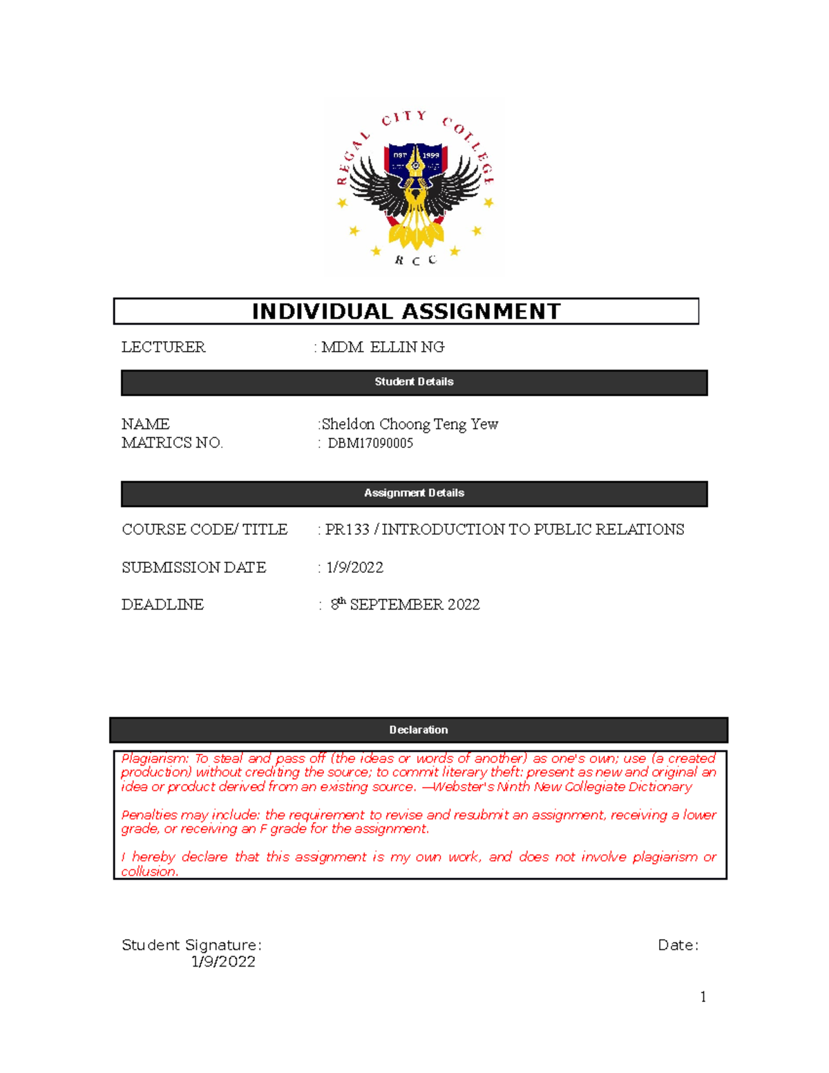 PR Individual Assigment - INDIVIDUAL ASSIGNMENT LECTURER : MDM. ELLIN ...