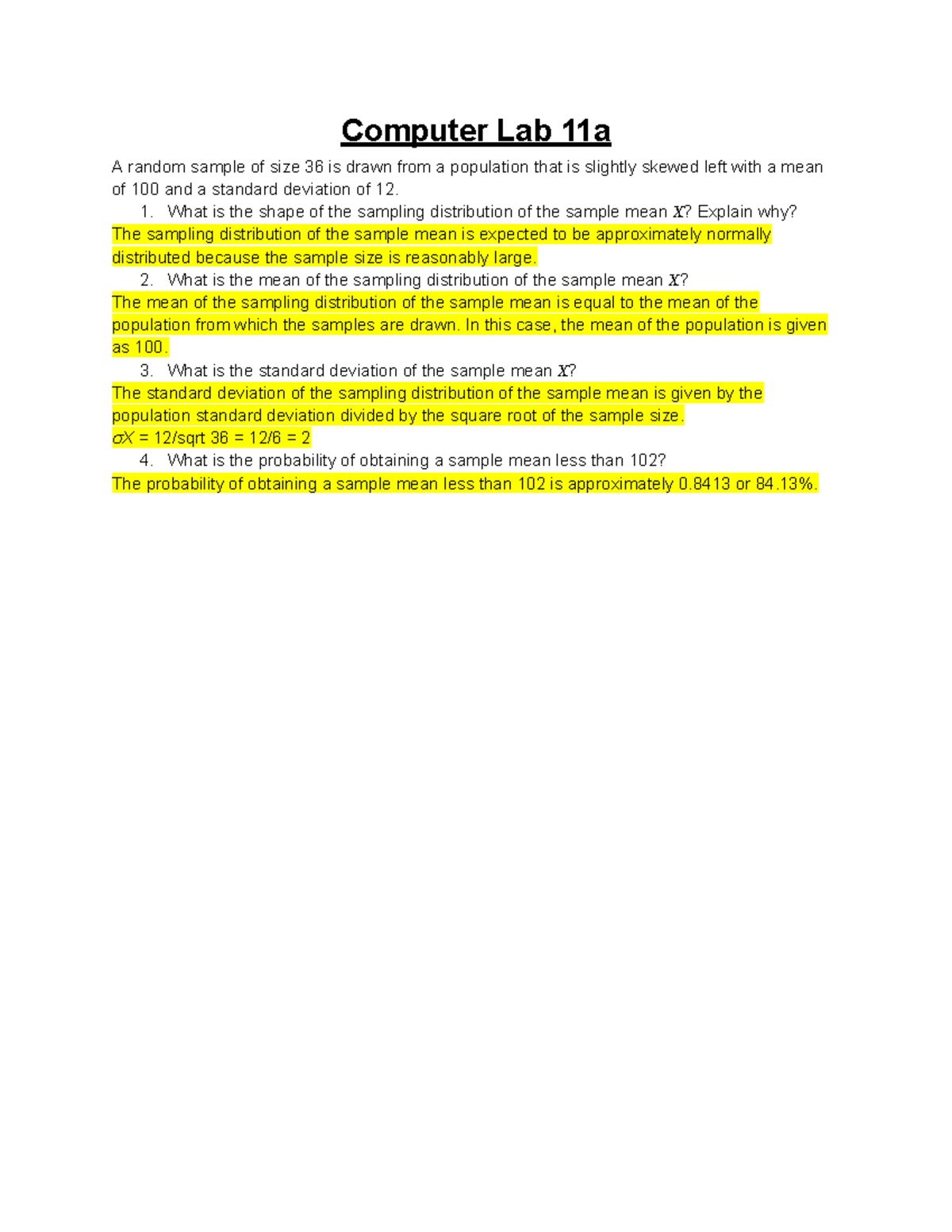 Alex Lehman Computer Lab 11a - Computer Lab 11a A random sample of size 36 is drawn from a - Studocu