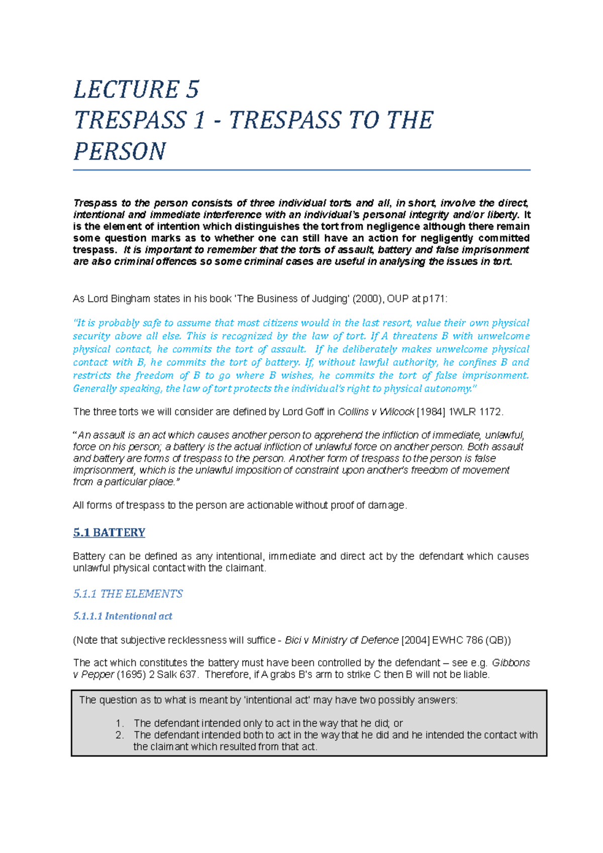 Lectures 5 and 6 - LECTURE 5 TRESPASS 1 - TRESPASS TO THE PERSON ...