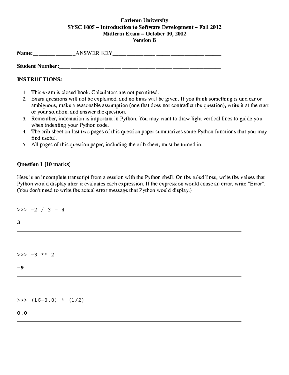 Exam 10 October 2012, questions and answers - Version B - Carleton ...