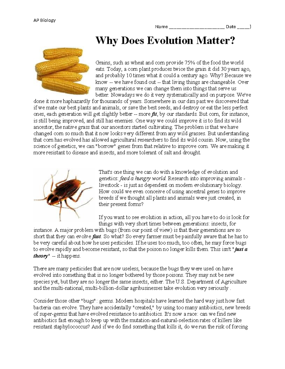 Why Does Evolution Matter - Name ______________________ Date _____) Why Does Evolution Matter ...