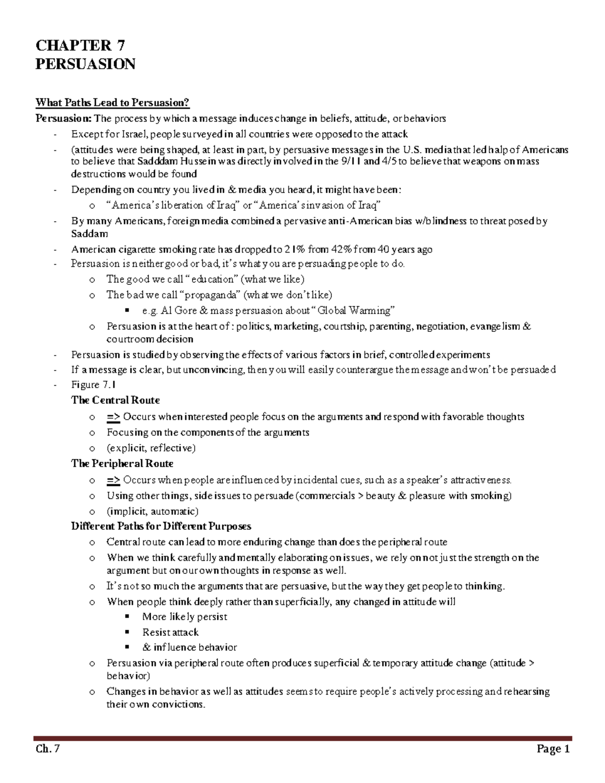 Social Chpt 7 Outline - PERSUASION - CHAPTER 7 PERSUASION What Paths ...