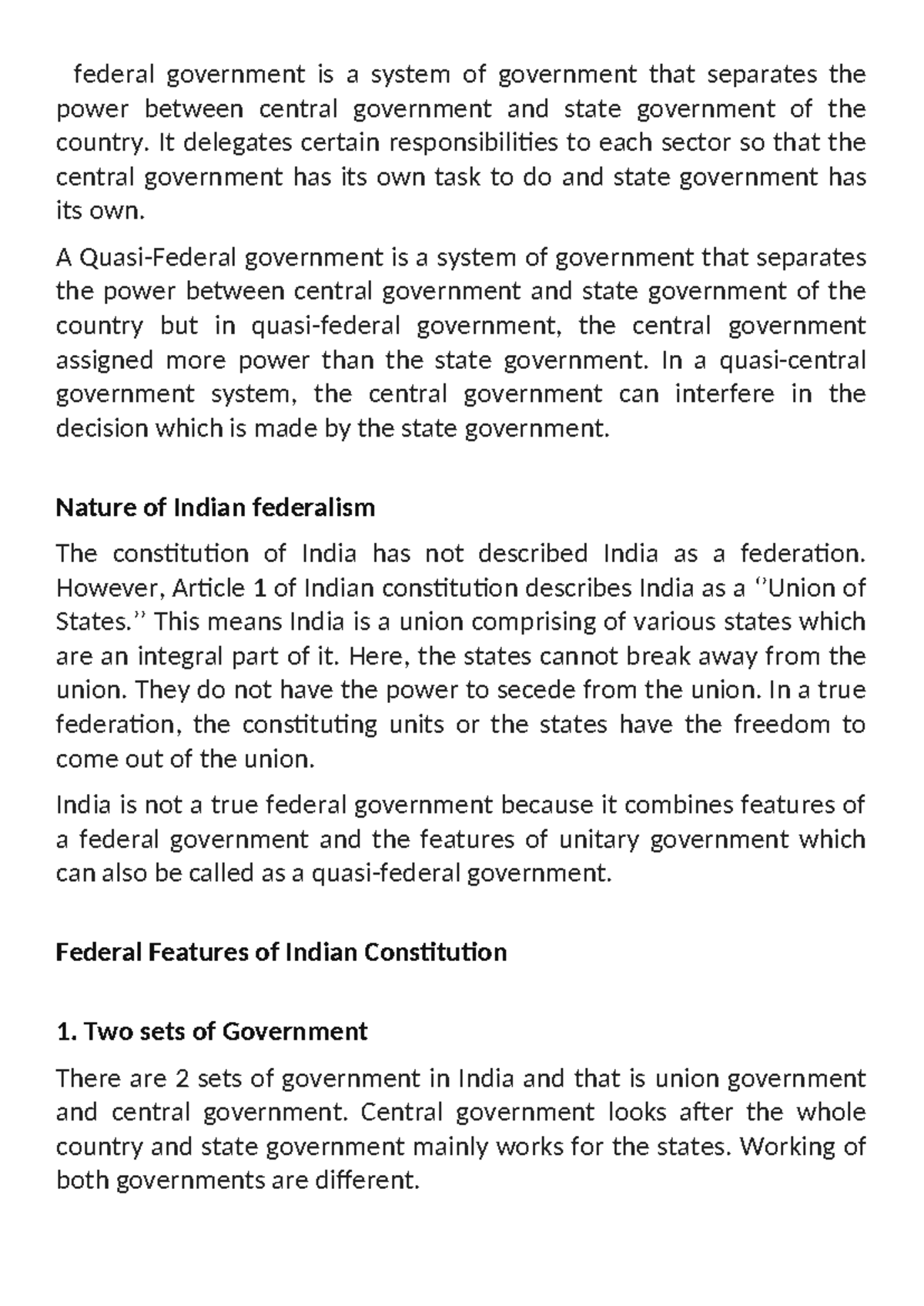 Federal features of indian consti - federal government is a system of ...