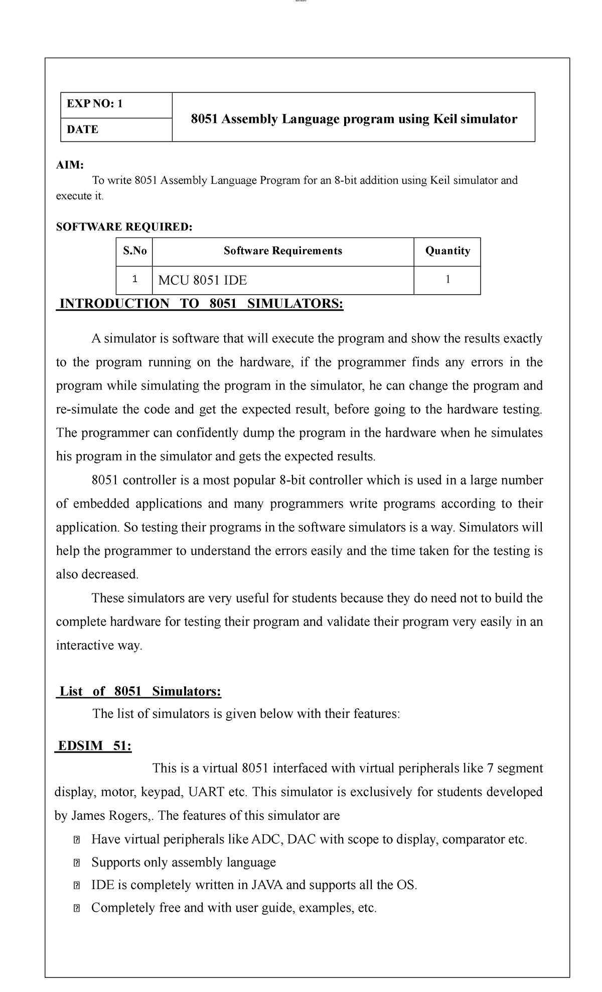 Cs3691 Ei Lab Manual Exp No 1 8051 Assembly Language Program Using Keil Simulator Date Aim