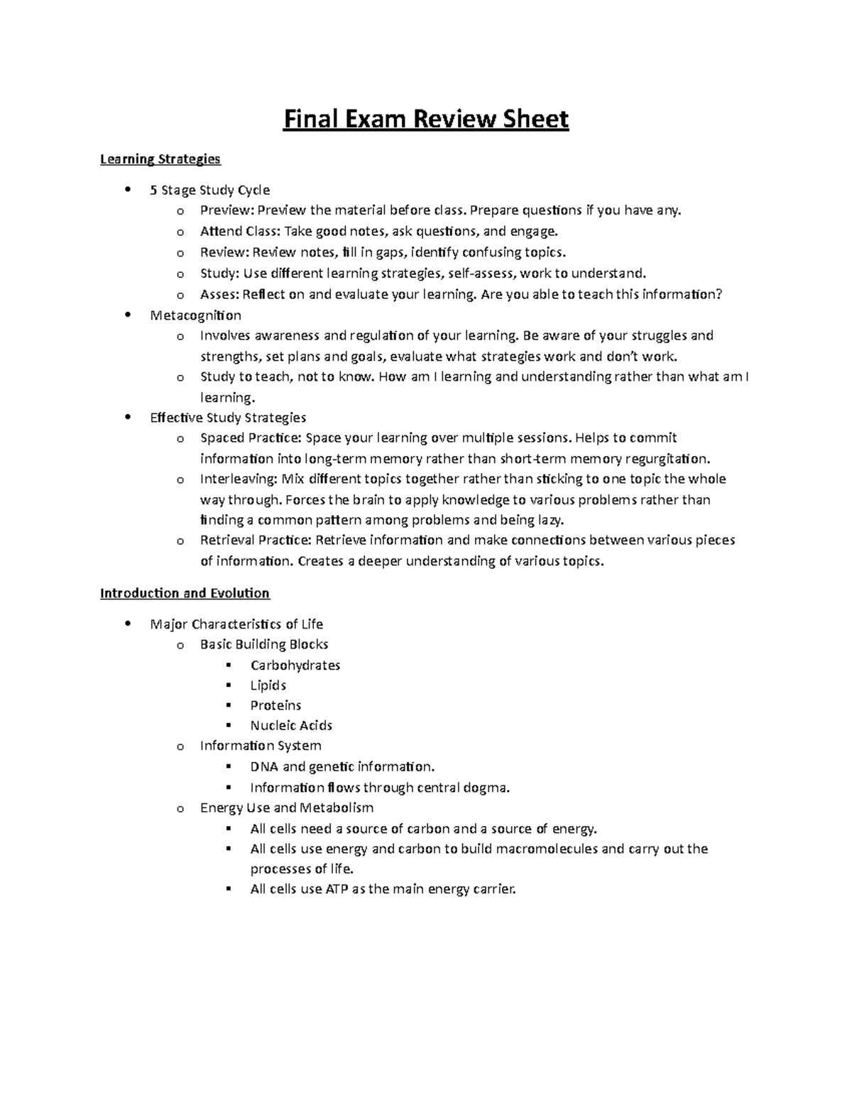 Final Exam Review Sheet Final Exam Review Sheet Learning Strategies 5