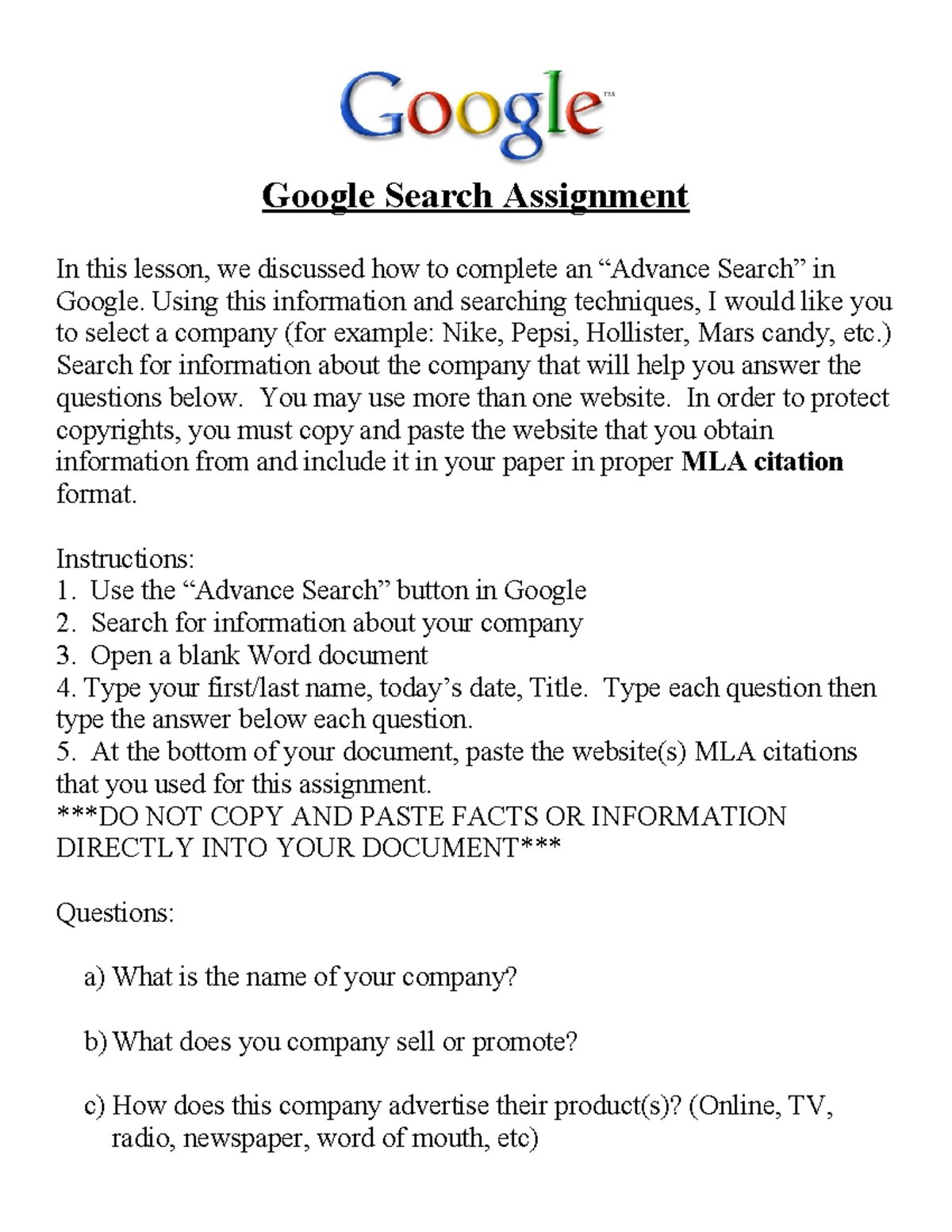 Google Search Assignment - Using this information and searching ...