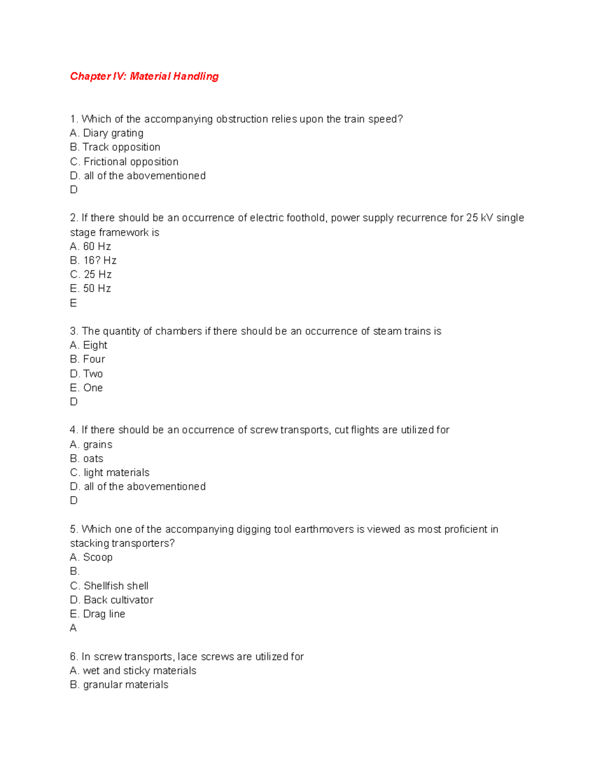 Chapter 4 Material Handling - Chapter IV: Material Handling Which of ...