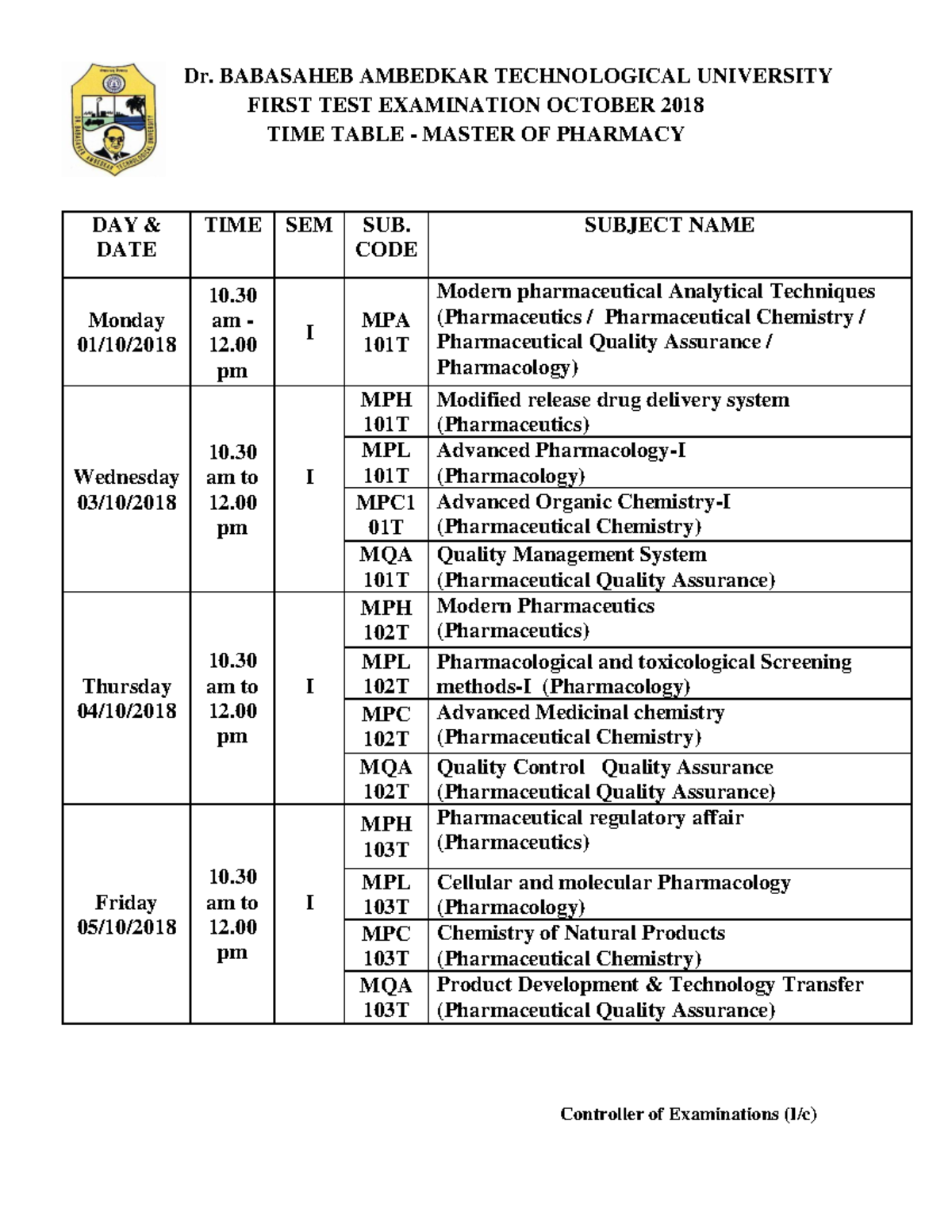 Time-Table-M - none - Dr. BABASAHEB AMBEDKAR TECHNOLOGICAL UNIVERSITY ...