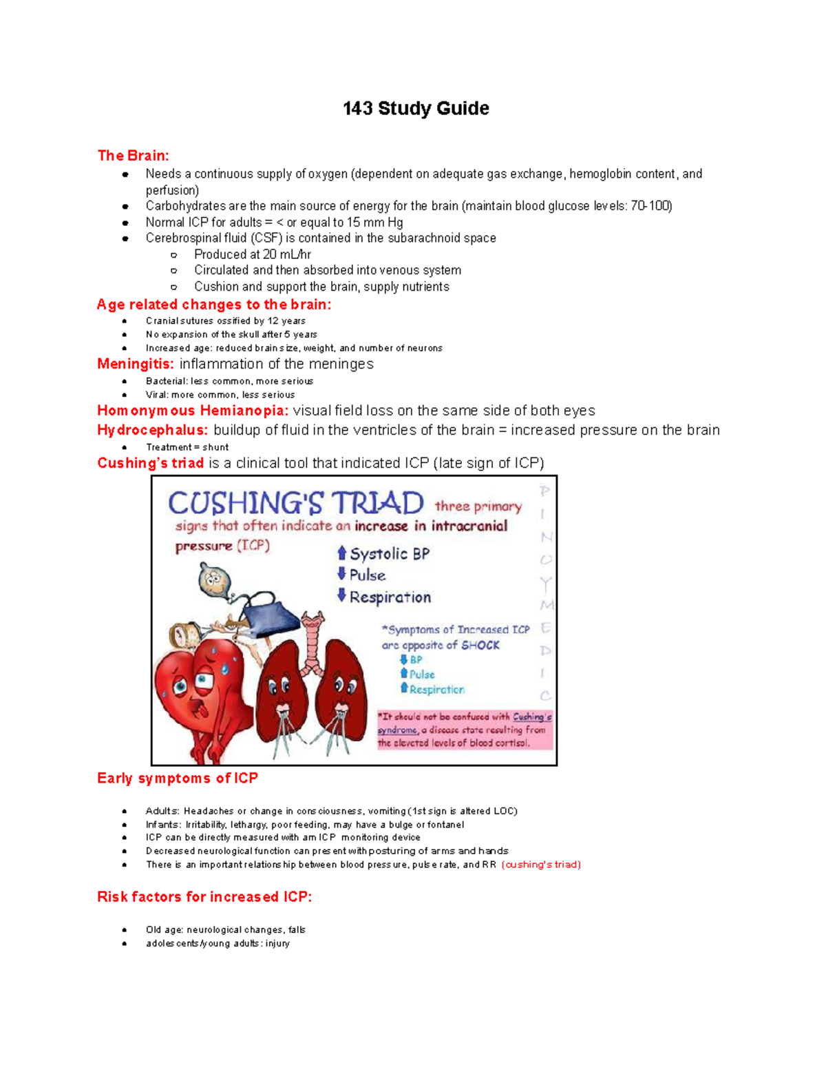 Nursing Final Fundamentals - 143 Study Guide The Brain: Needs a ...
