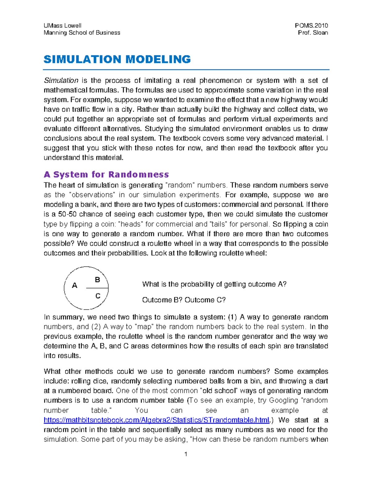 Simulation Notes - none - UMass Lowell POMS 0 Manning School of ...