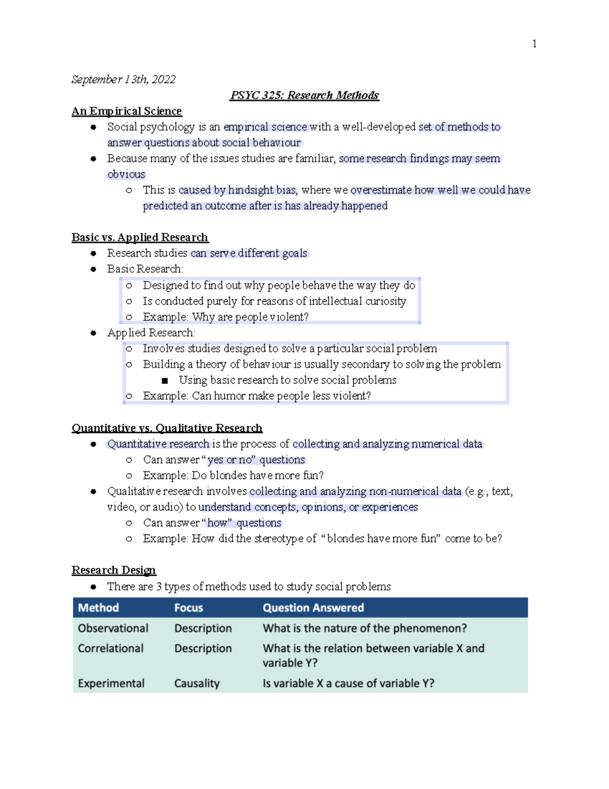 PSYC 325 - Lecture #2 - September 13th, 2022 PSYC 325: Research Methods ...