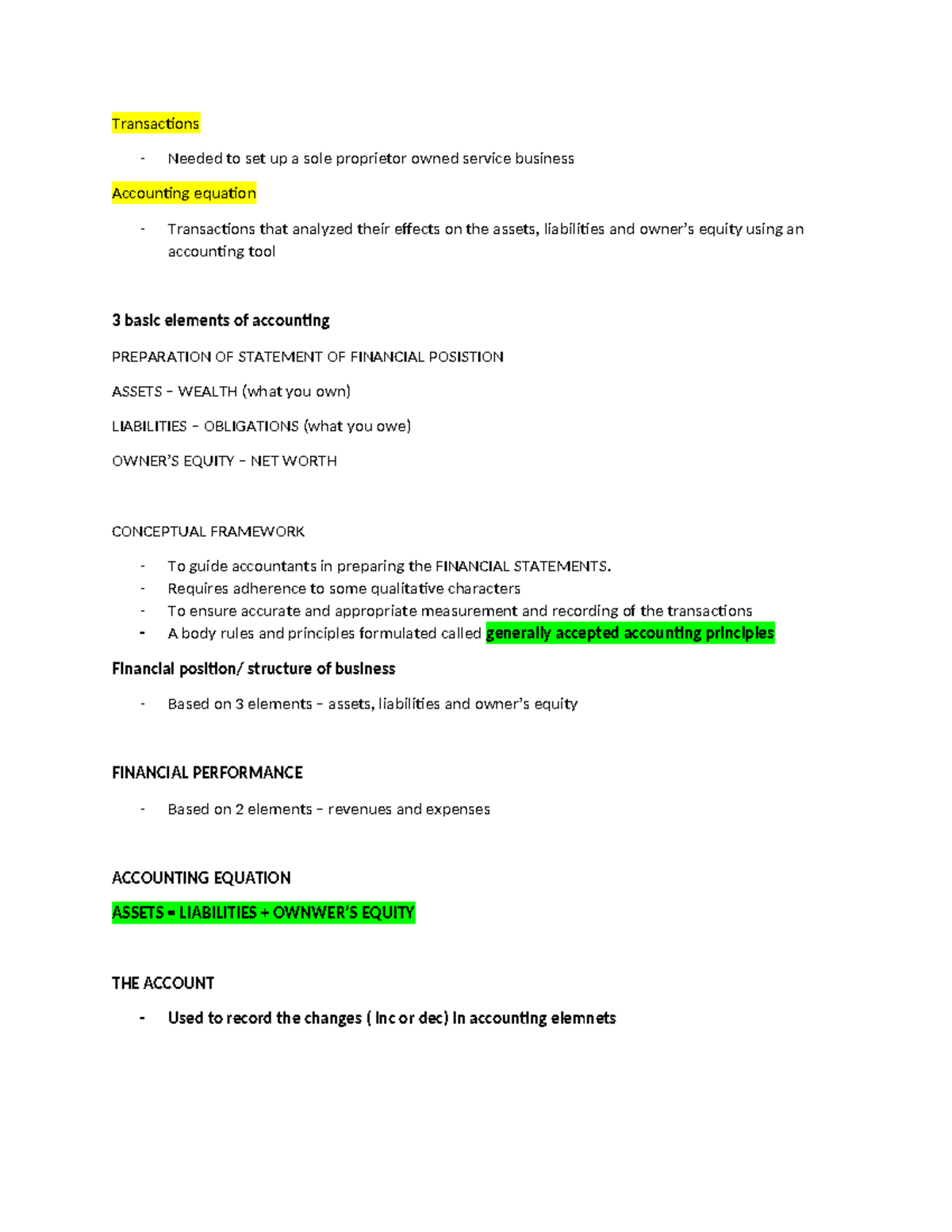Acc review - NOTES - Transactions - Needed to set up a sole proprietor ...