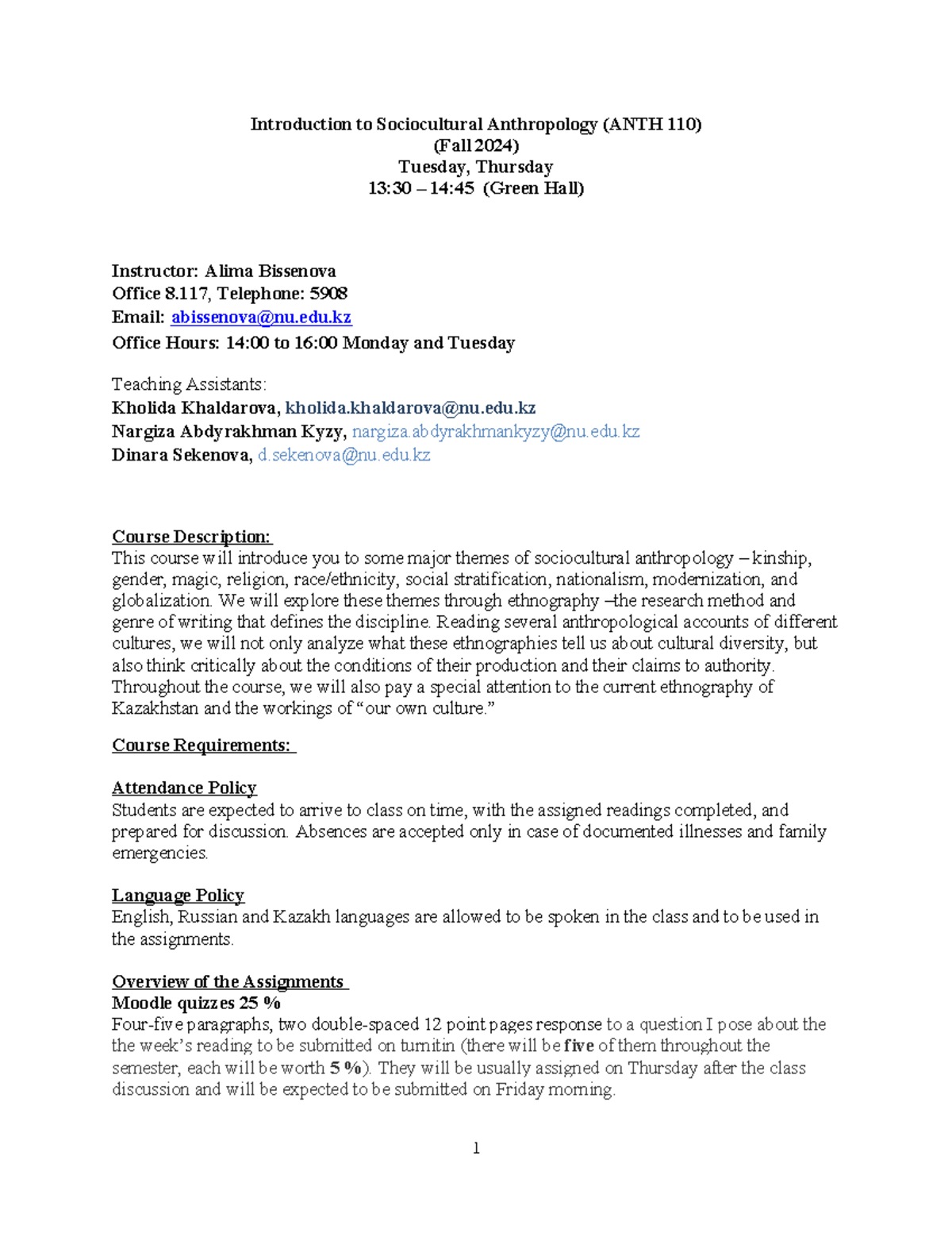 Syllabus ANT 110 - Introduction to Sociocultural Anthropology (ANTH 110) (Fall 2024) Tuesday ...