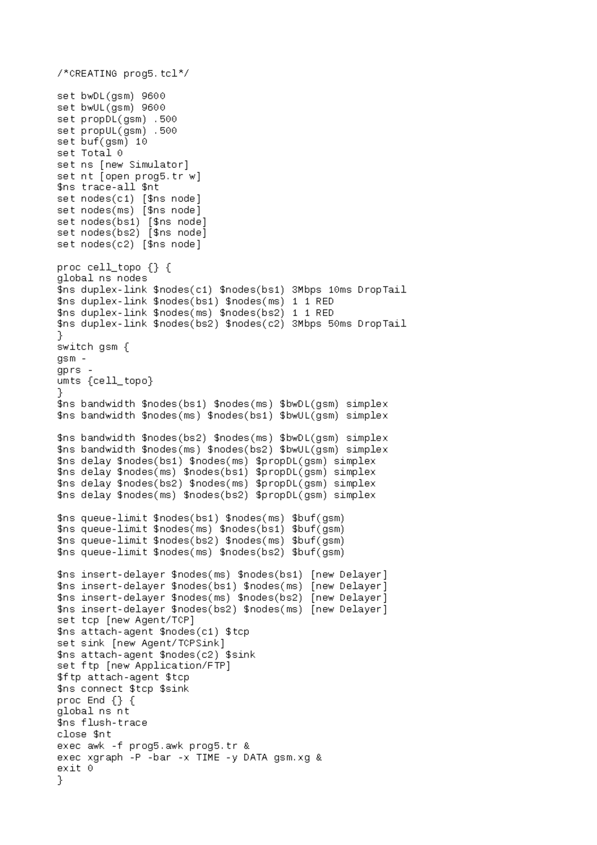 Prog5 - CNS LAB MANUAL - /CREATING prog5/ set bwDL(gsm) 9600 set bwUL(gsm) 9600 set propDL(gsm ...