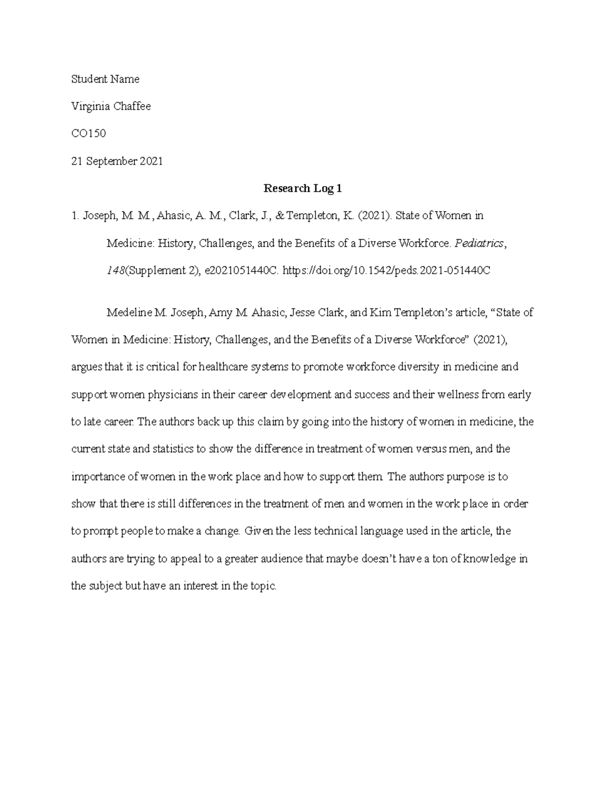 Research Log 1-Sample - comp 150 - Student Name Virginia Chaffee CO 21 ...