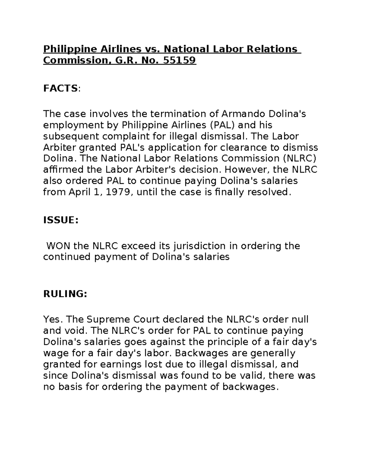 PAL v. NLRC - CASE DIGEST - Philippine Airlines vs. National Labor ...