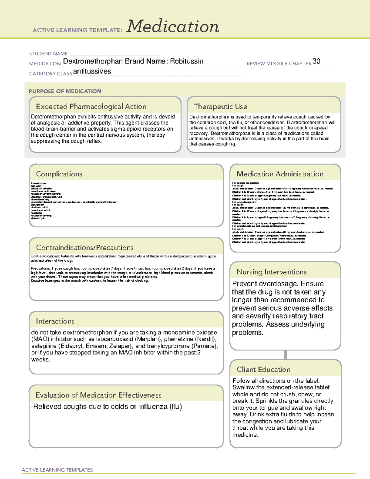 Dextromethorphan - drug - ACTIVE LEARNING TEMPLATES Medication STUDENT ...