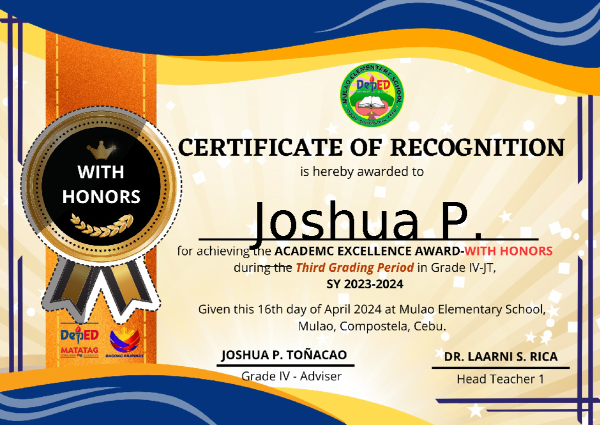 Certificate of recognition third quarter - ELEMENTARY DeTED CERTIFICATE OF RECOGNITION WITH is ...