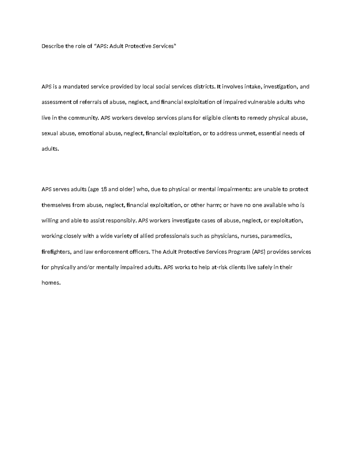 Adukt Protective Service Final Draft - Describe the role of “APS: Adult ...