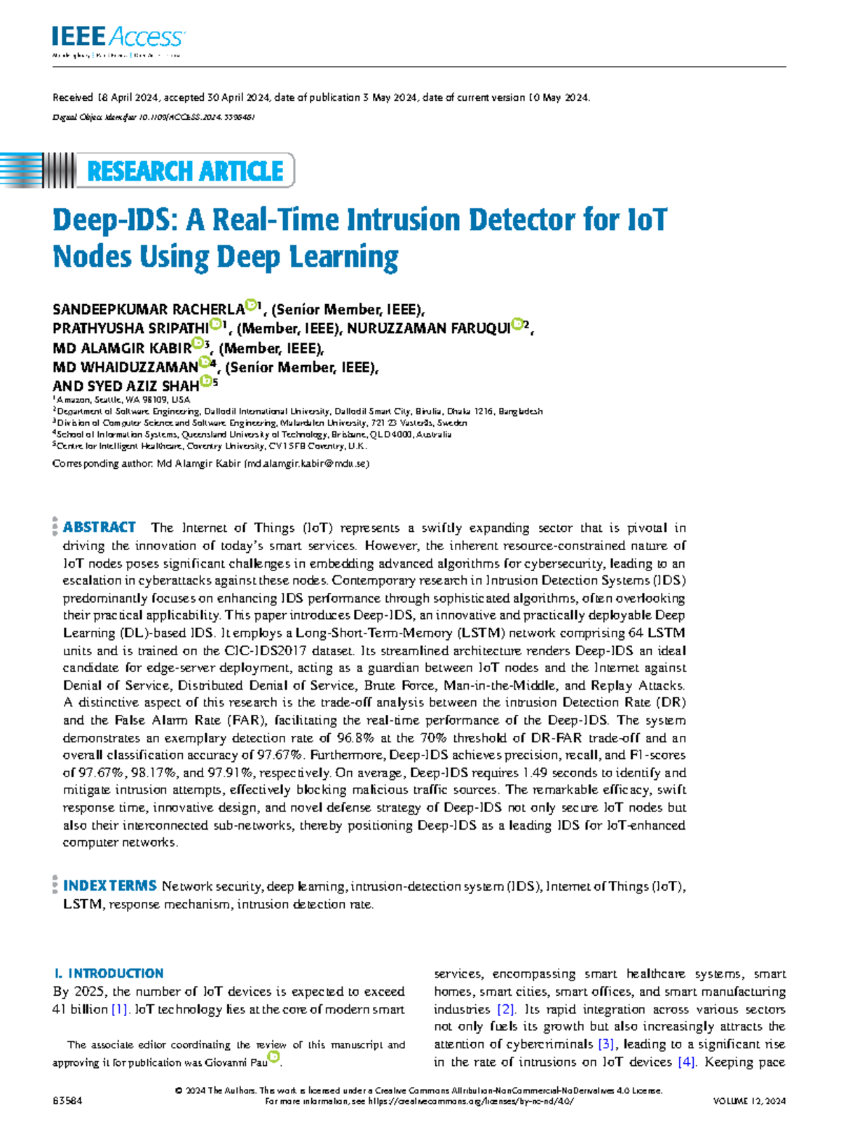 Deep-IDS A Real-Time Intrusion Detector for Io T Nodes Using Deep ...