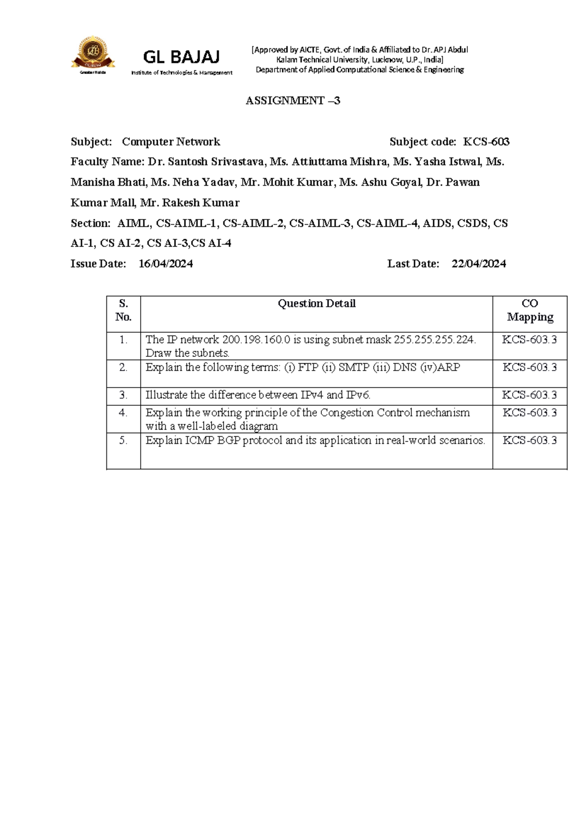 Computer Network KCS 603 assignment-3 - Greater Noida GL BAJAJ ...