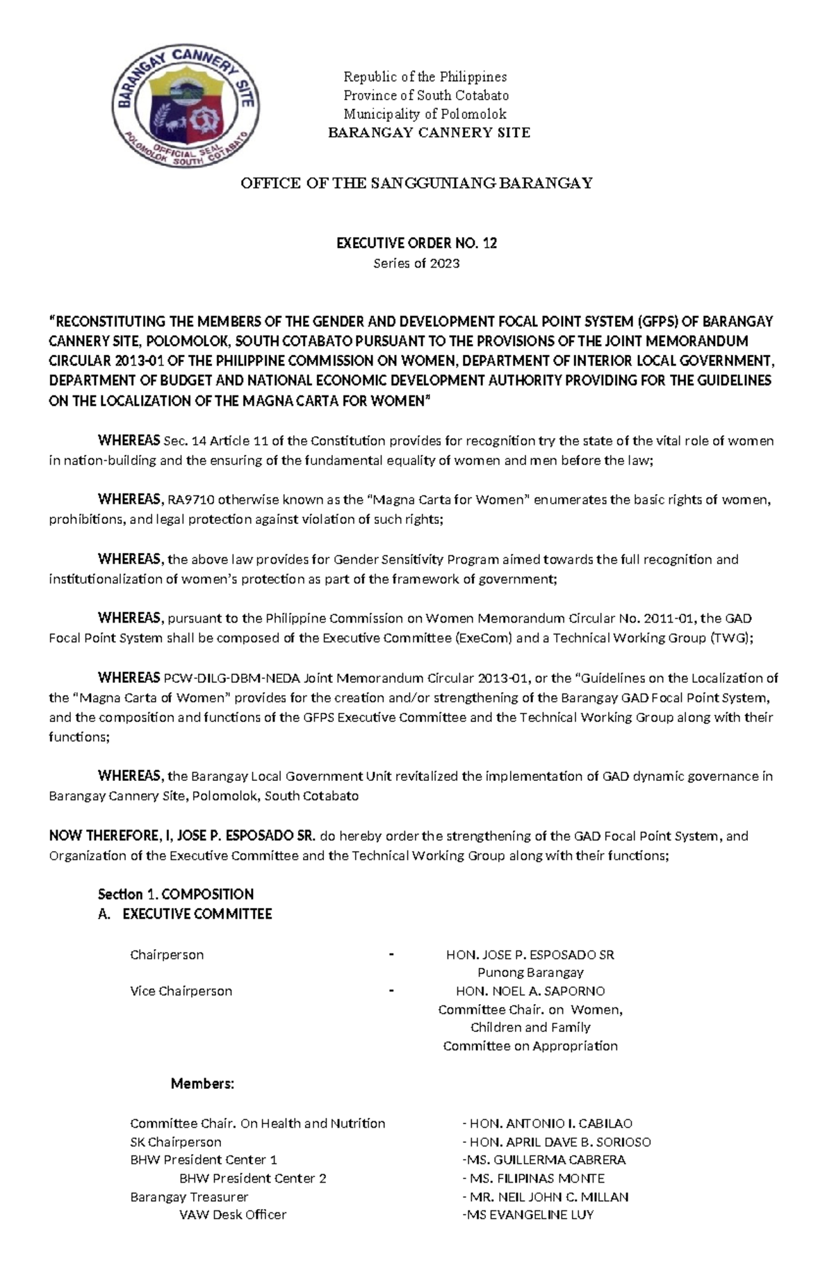 EO GAD. GFPS - EO GAD - Republic of the Philippines Province of South ...