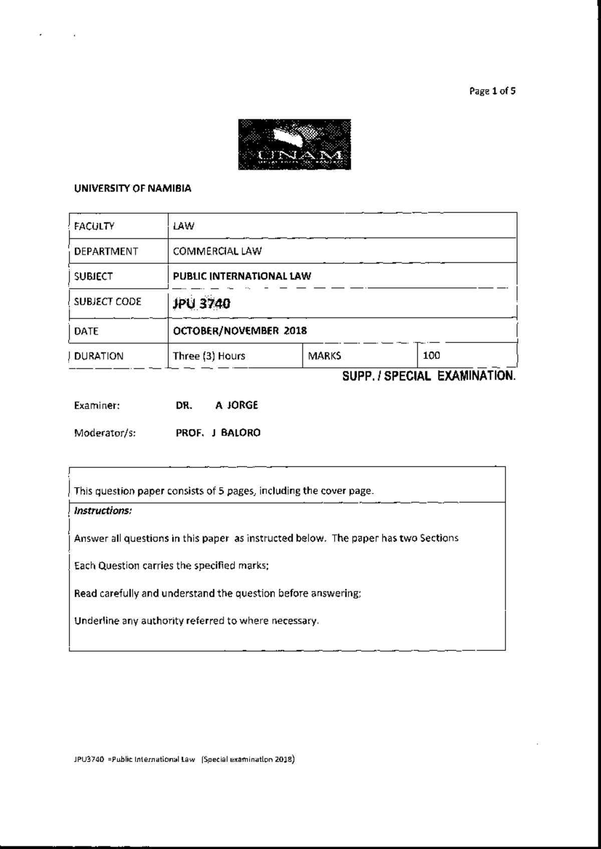 PIL Exam Question Paper- 2018 Special Examination - Page 1 of 5 UNAM ...