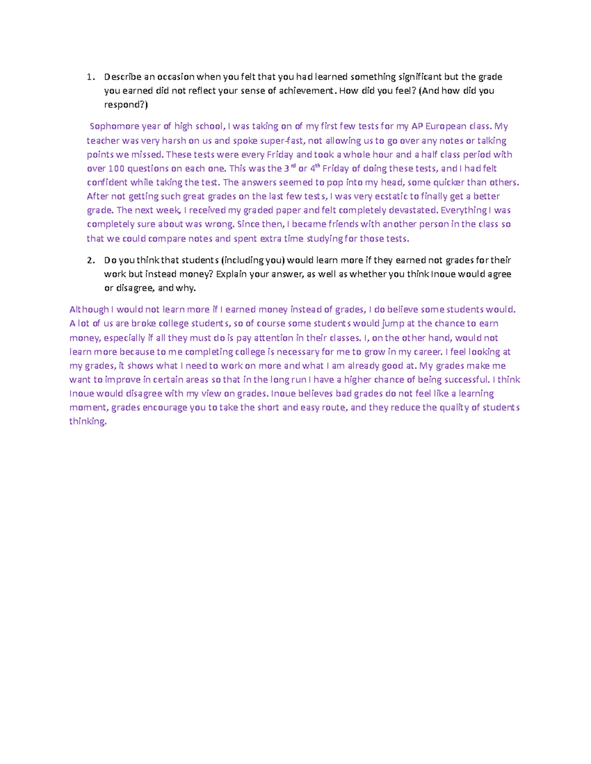 Week 2 reading questions - Describe an occasion when you felt that you had learned something ...