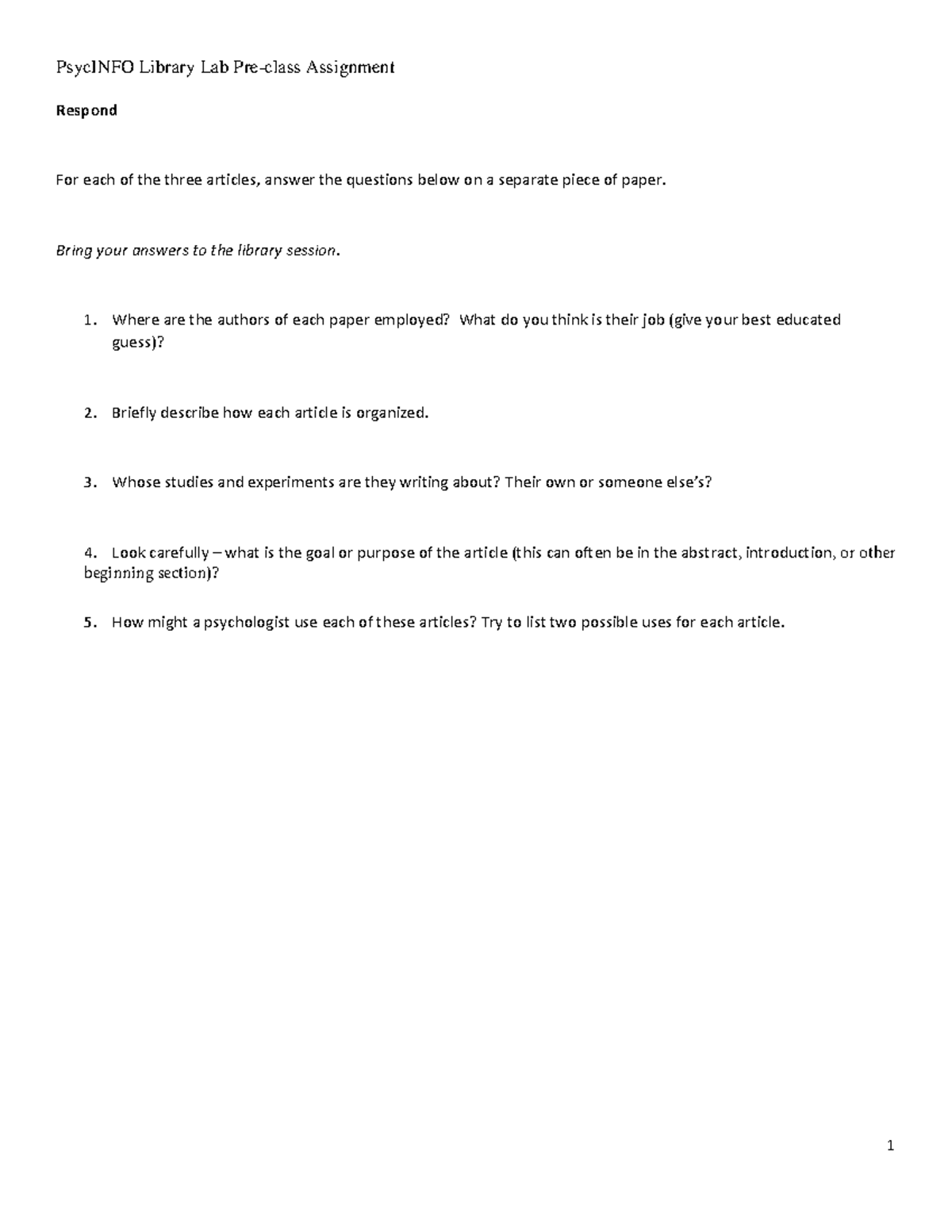 Respond Psyc 311 - homework - PsycINFO Library Lab Pre-class Assignment ...