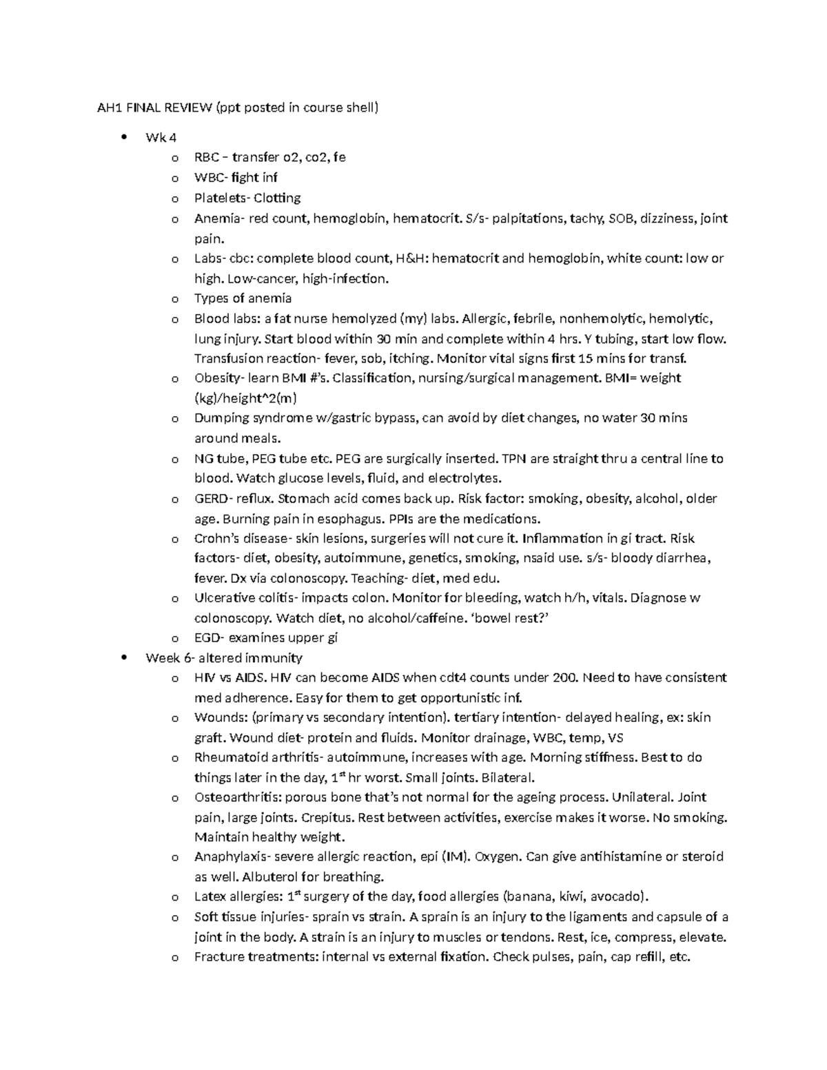AH1 Final Review - Summary Adult Health I - AH1 FINAL REVIEW (ppt posted in course shell) Wk 4 o ...