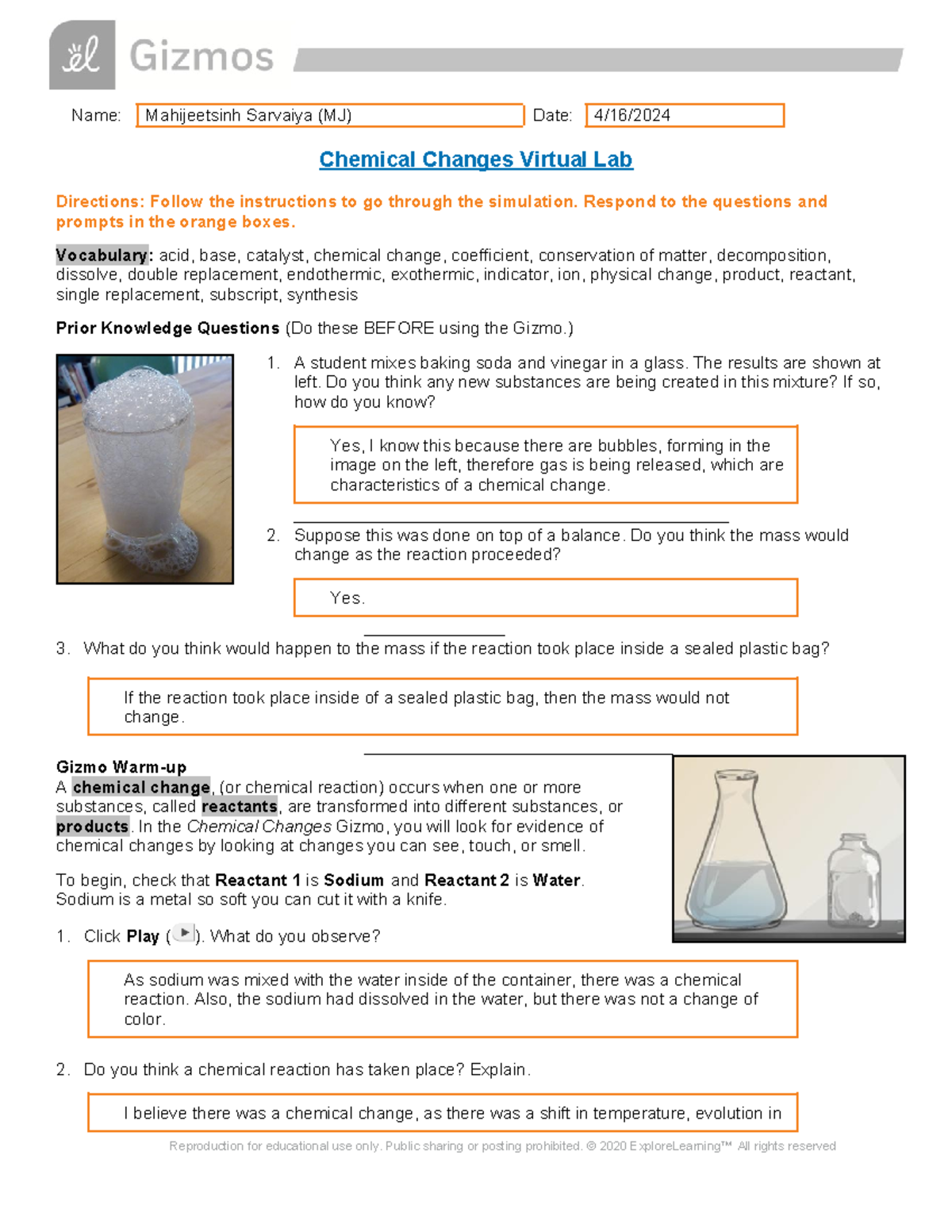 Chemical Changes Virtual Lab - Name: Mahijeetsinh Sarvaiya (MJ) Date: 4 ...
