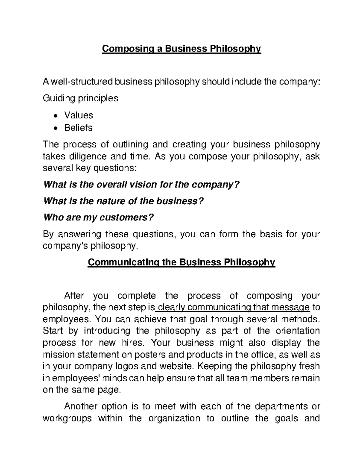 Composing & Communicating a Business Philosophy - Composing a Business ...
