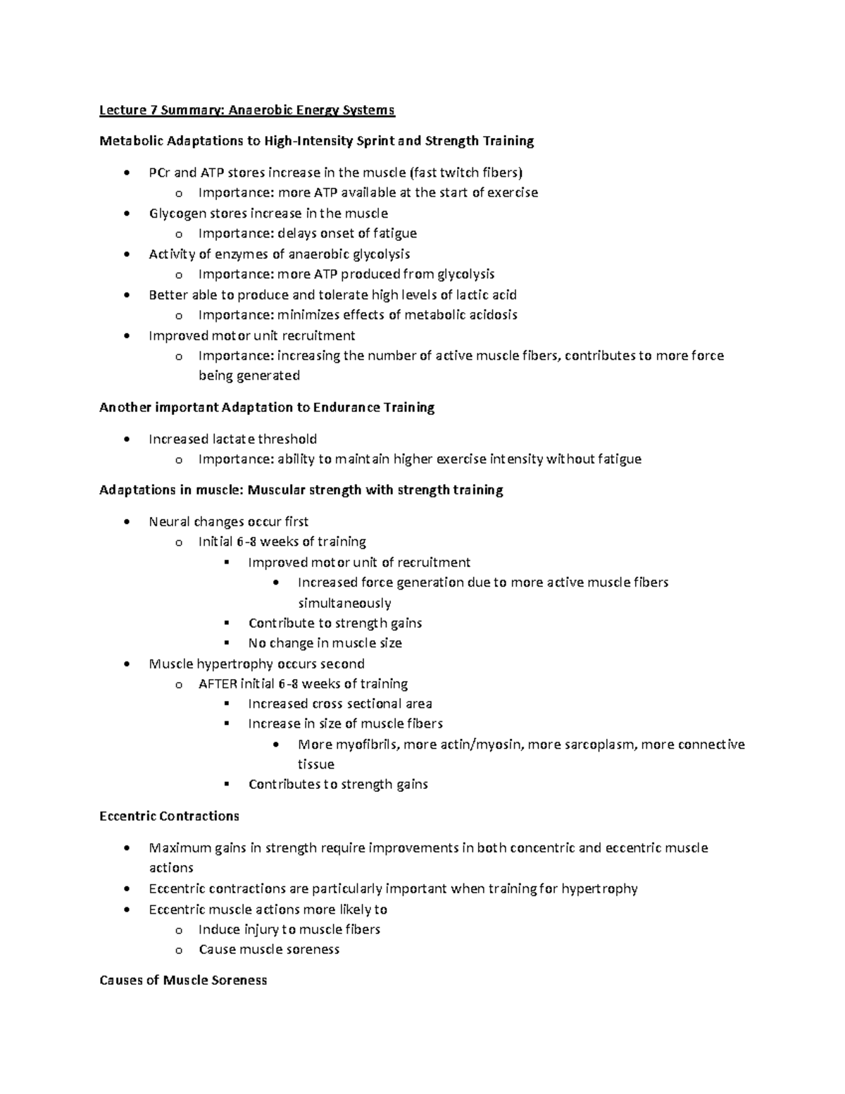 Kines lecture 7 summary - Lecture 7 Summary: Anaerobic Energy Systems Metabolic Adaptations to ...
