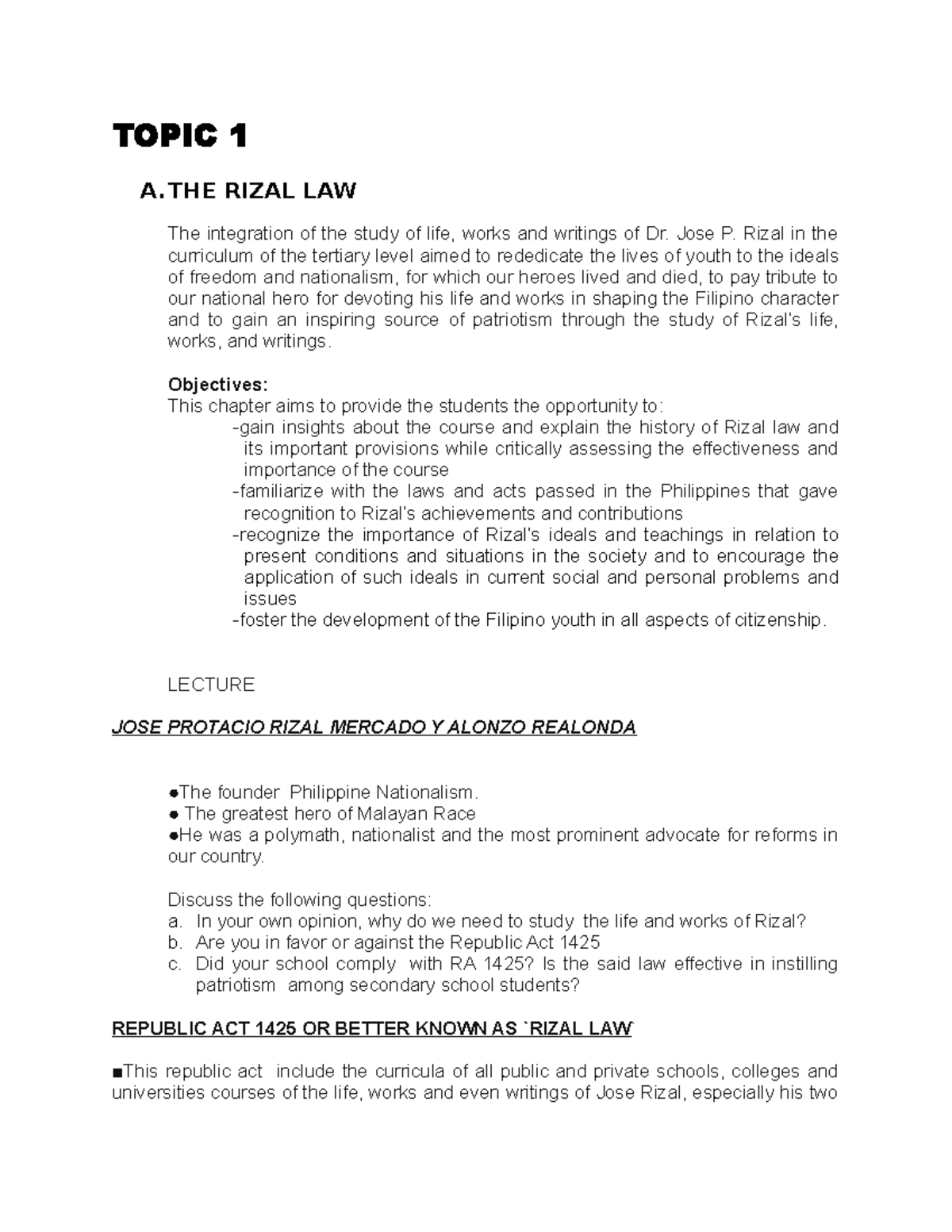 Rizal Topic 1 with activities - TOPIC 1 A RIZAL LAW The integration of ...